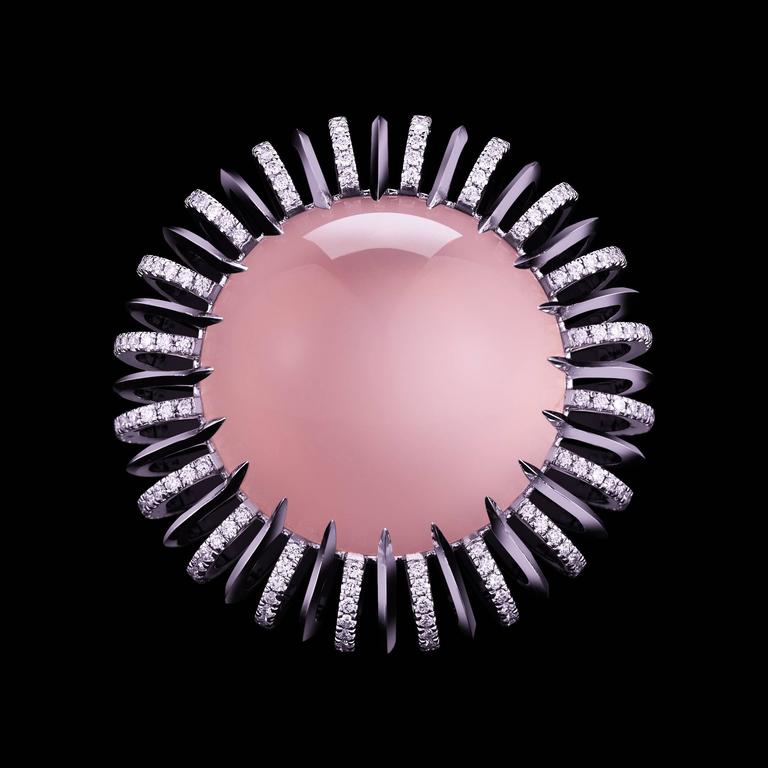 Alexandra Mor Curved Knife-Edge Ring with Star Rose Quartz Cabochon For ...