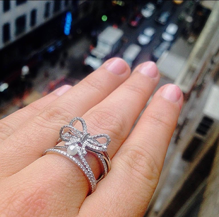 Alexandra Mor Contemporary Pearl Diamond Platinum Bow Ring For Sale at ...