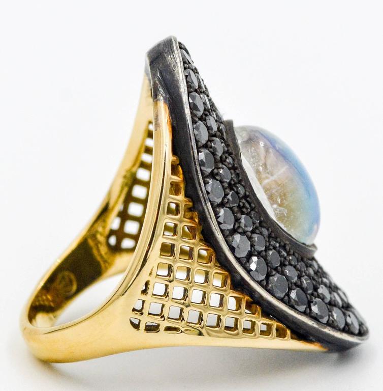 Ray Griffith 2.85 ctw Black Diamond and Moon Stone 18 Karat Yellow Gold ...