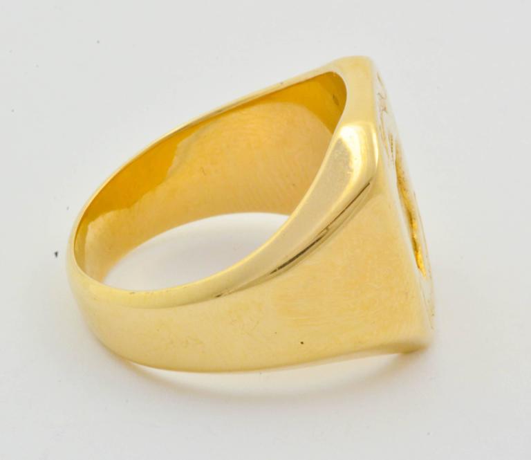 Hand Engraved Gold Crest Ring with Engraved Image of a Stag at 1stDibs