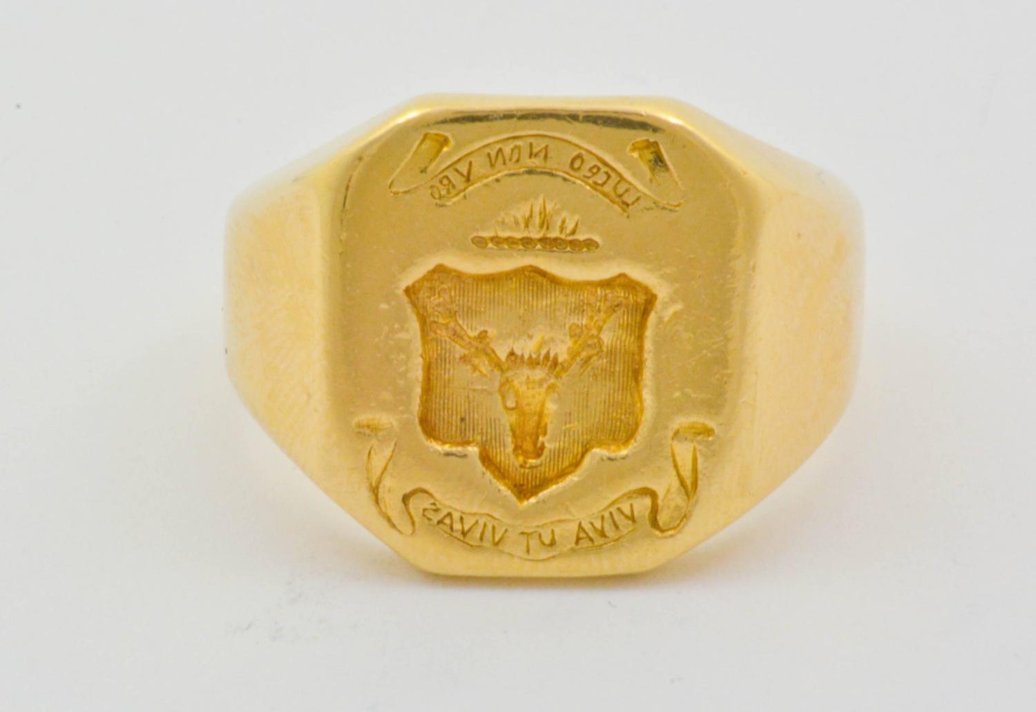 Hand Engraved Gold Crest Ring with Engraved Image of a Stag For Sale at ...