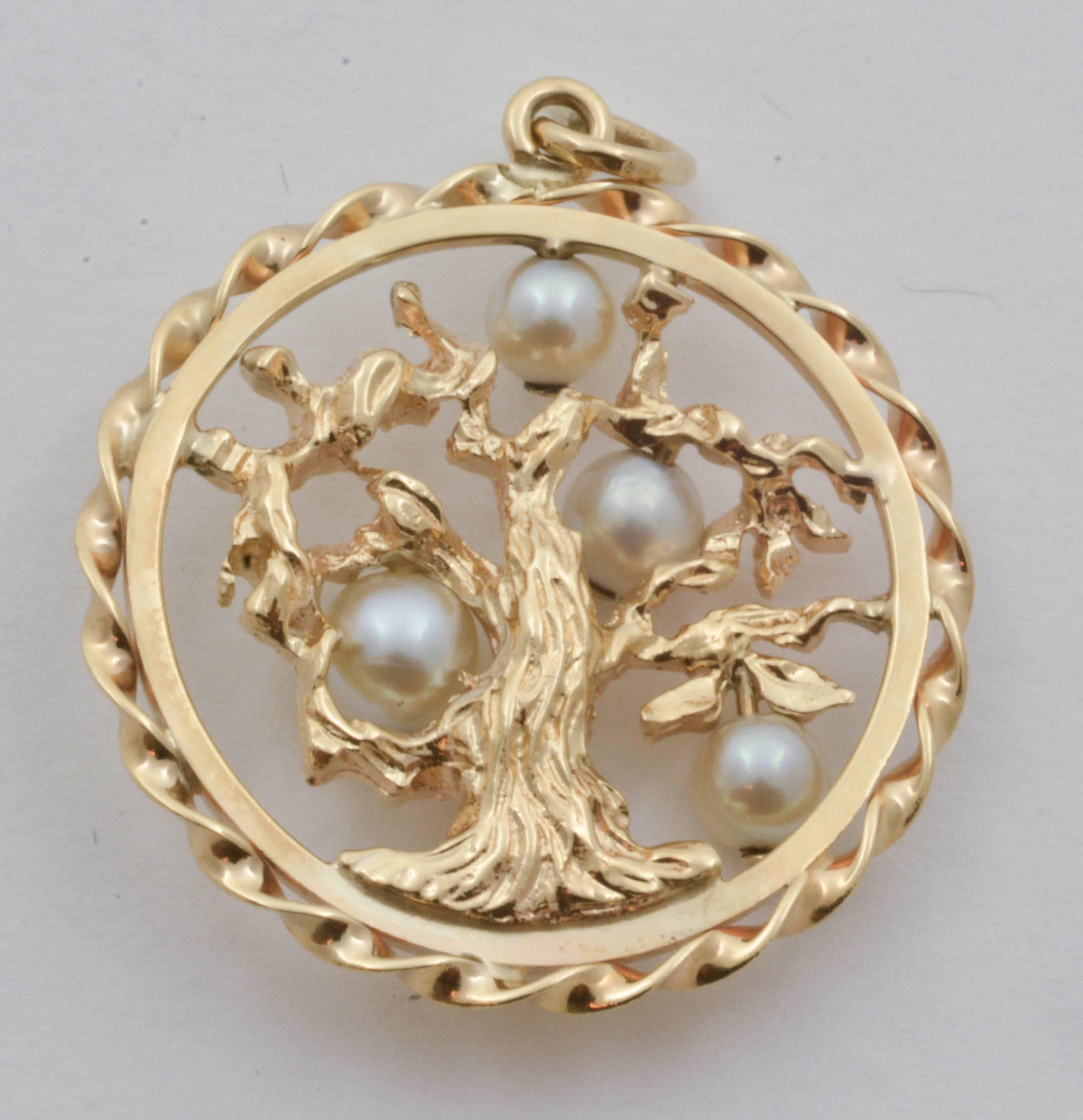 Classic Cultured Pearls Gold Tree of Life Pendant at 1stDibs