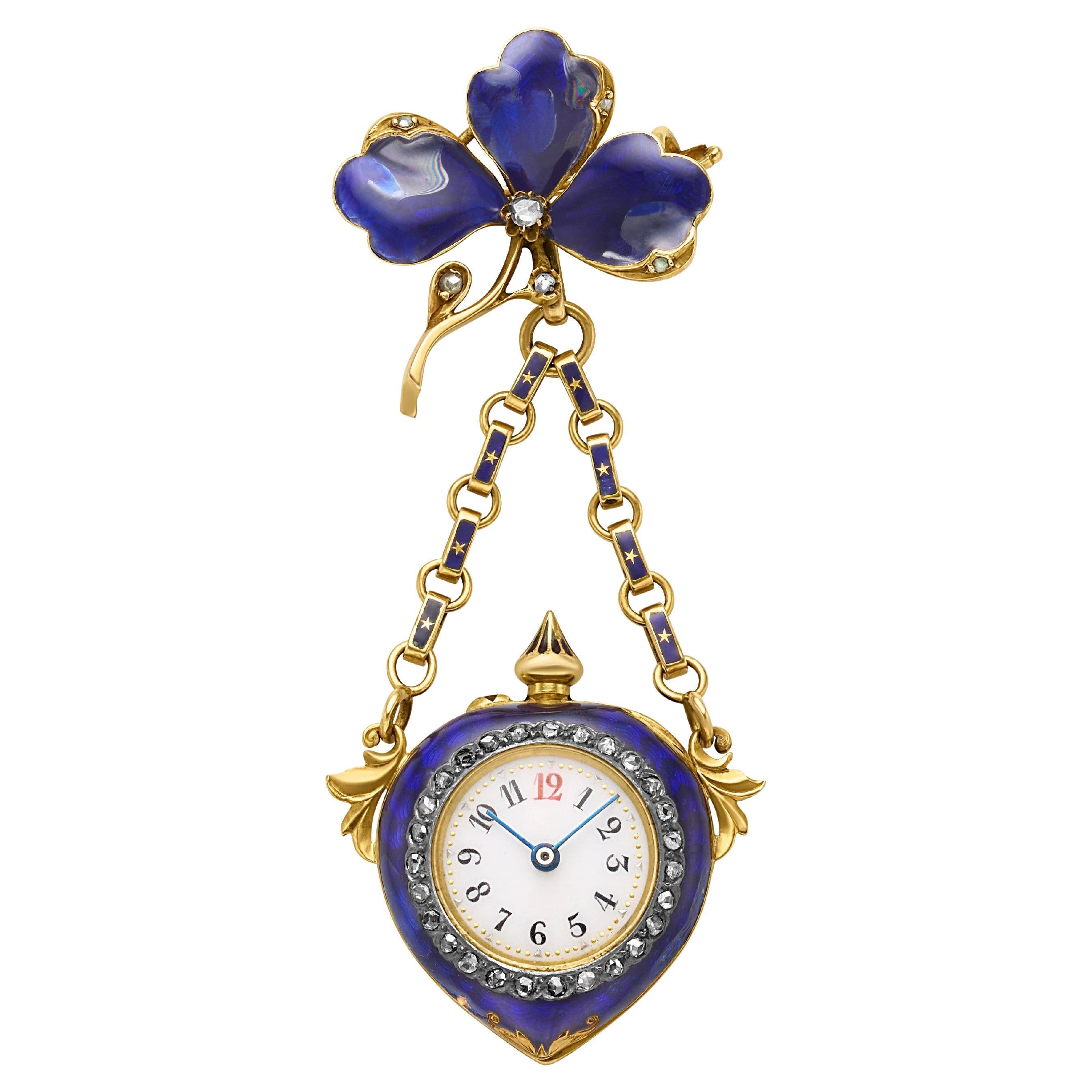 Victorian Ladies Yellow Gold Montreux Enamel Brooch Watch For Sale at ...