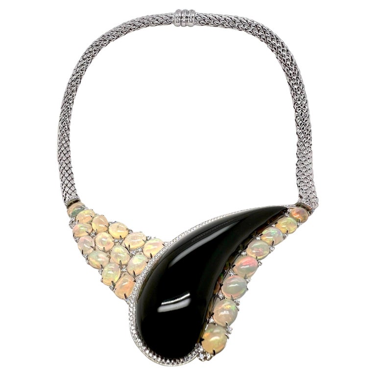 18k White Gold Onyx, Ethiopian Opal with Diamond Collar Style Necklace ...