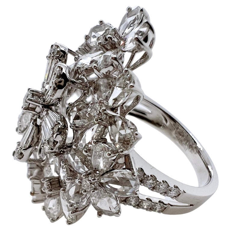 18k White Gold Bouquet of Flower Diamond Ring with Rose Cut Diamonds ...