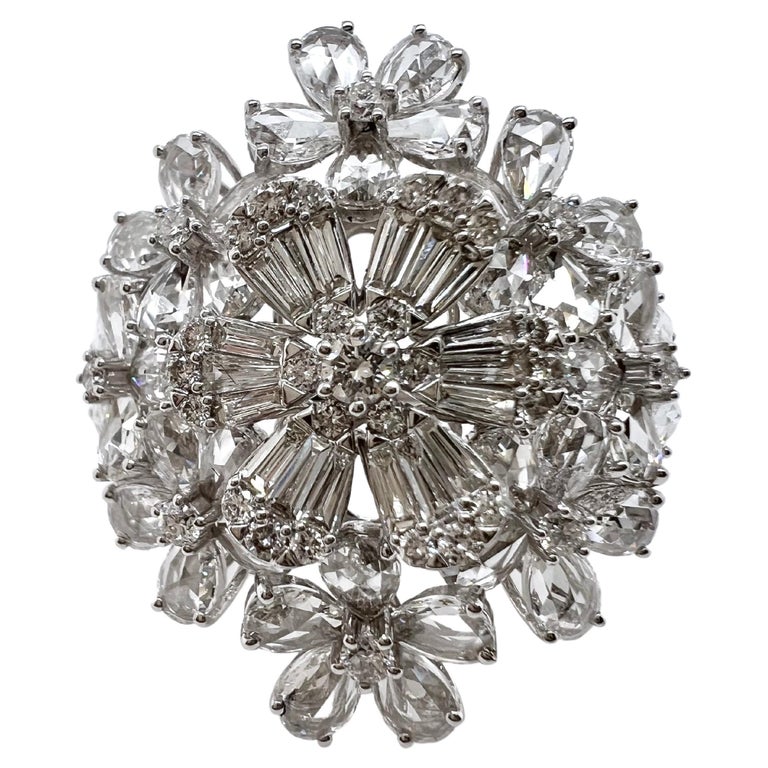 18k White Gold Bouquet of Flower Diamond Ring with Rose Cut Diamonds ...