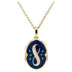 Oval Locket Pendant 18k Yellow Gold Blue Enamel 25 Diamonds 0.19 ct For ...
