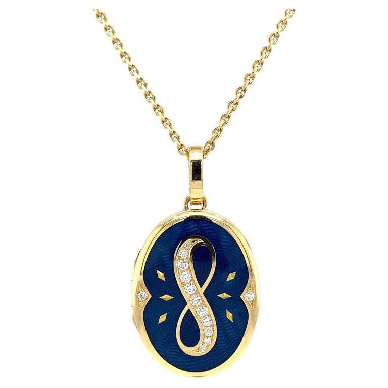 Oval Locket Pendant Victoria - 18k Yellow Gold - Blue Enamel 13 ...