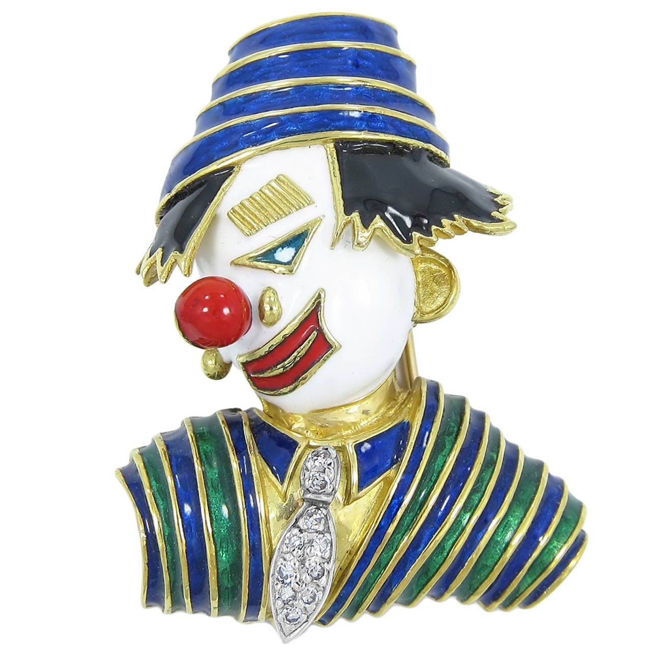 Enamel Diamond Gold Clown Brooch at 1stDibs
