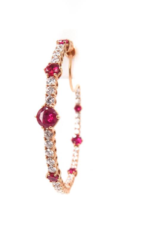 Rose Gold Ruby and Diamond Hoop Earrings at 1stDibs