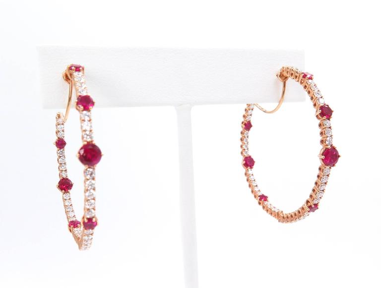 Rose Gold Ruby and Diamond Hoop Earrings at 1stDibs