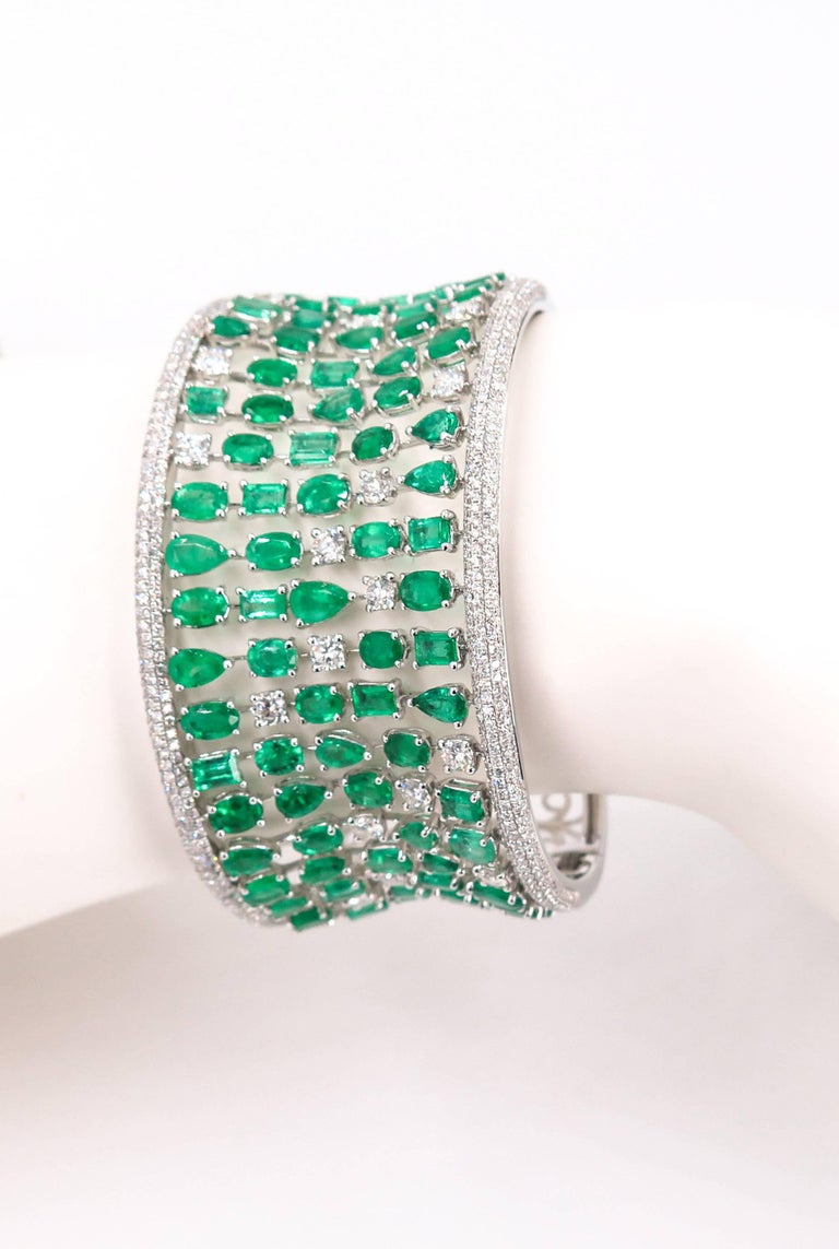 White Gold Emerald and Diamond Cuff Bracelet at 1stDibs | emerald cuff ...