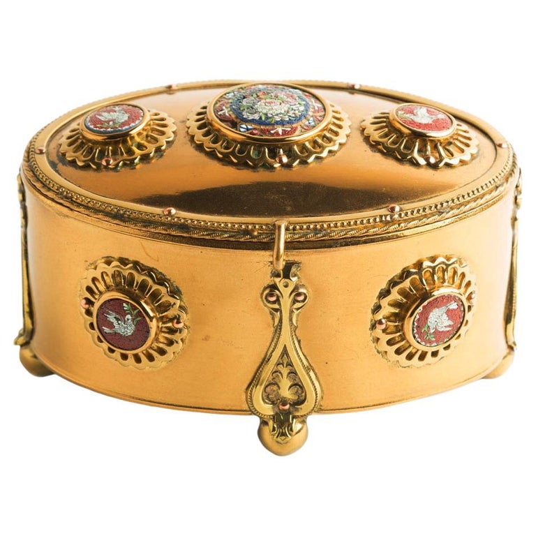 Jewellery Box in Gilded Metal with Micromosaics Early 1900s For Sale at ...