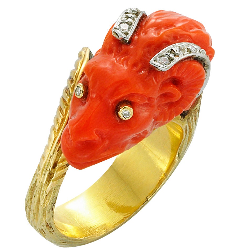 Paul Flato Carved Coral Diamond Ring at 1stDibs