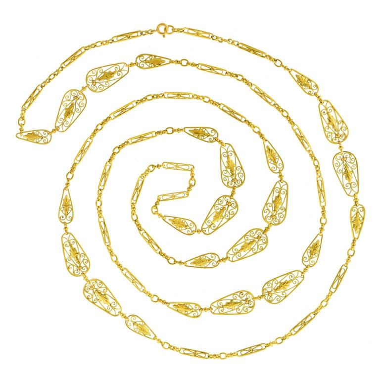 Antique French 53-inch long Gold Filigree Necklace at 1stDibs