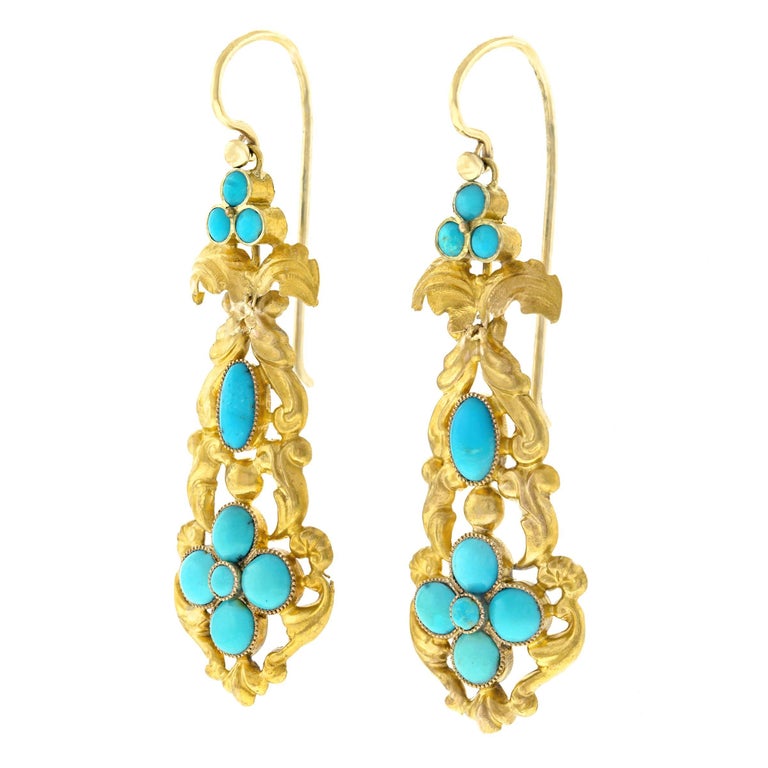Antique Turquoise Set Gold Chandelier Earrings at 1stDibs