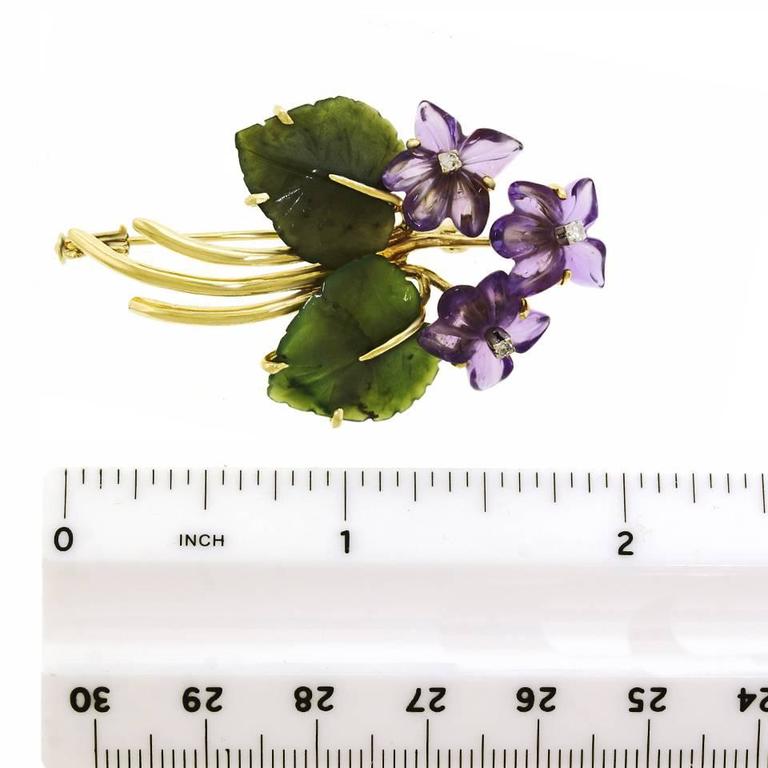 Jade Leaf and Amethyst Flower Brooch in Gold at 1stDibs