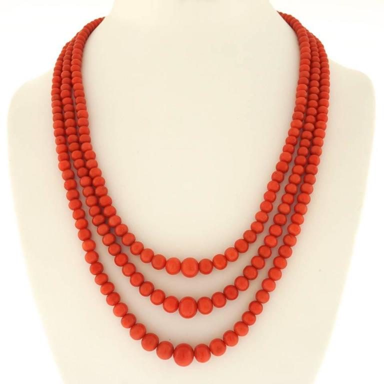 Antique Three-Strand Natural Coral Necklace at 1stdibs