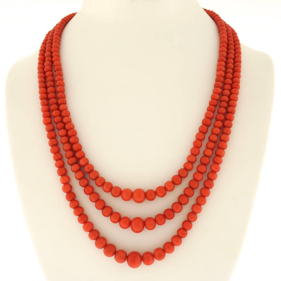 Antique Three-Strand Natural Coral Necklace at 1stDibs
