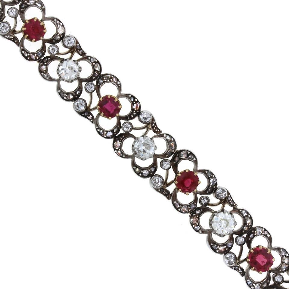 Antique Silver over Gold Diamond and Ruby Bracelet For Sale at 1stdibs