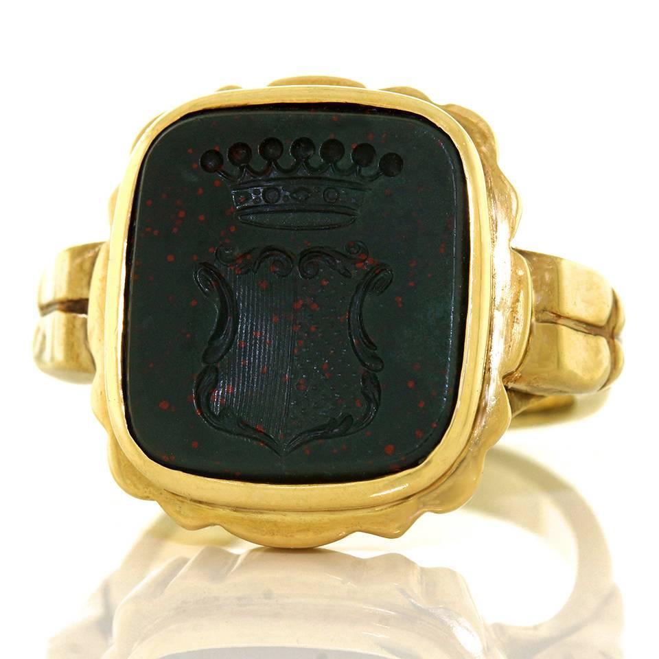 Royal Crest Bloodstone Gold Signet Ring For Sale at 1stdibs
