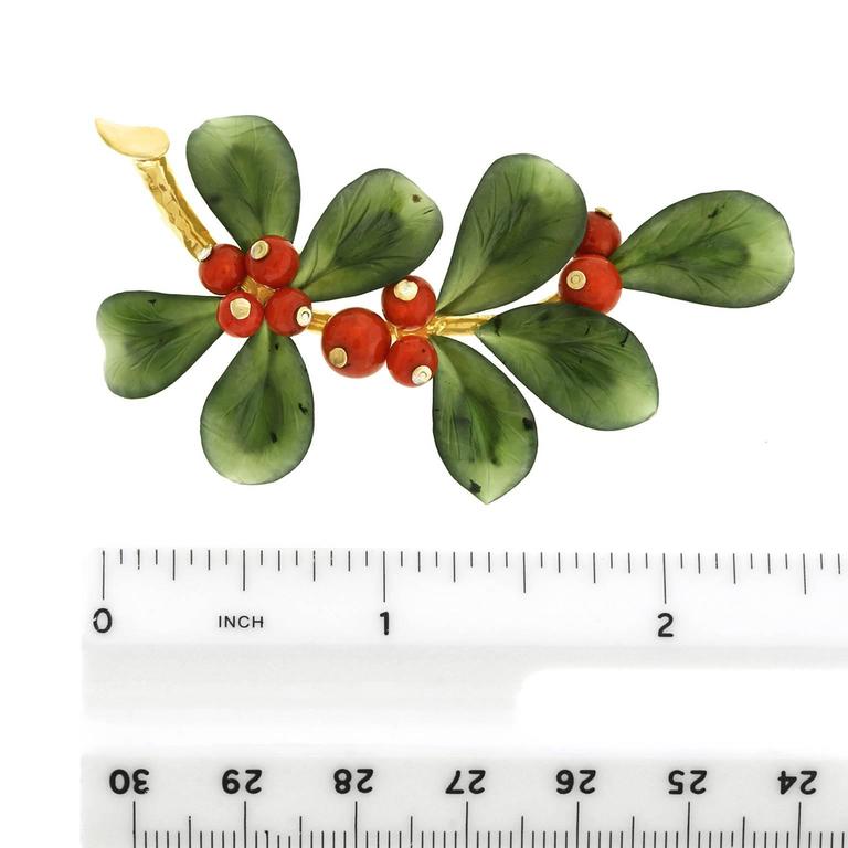 Holly and Berries Jade Coral and Gold Brooch at 1stDibs