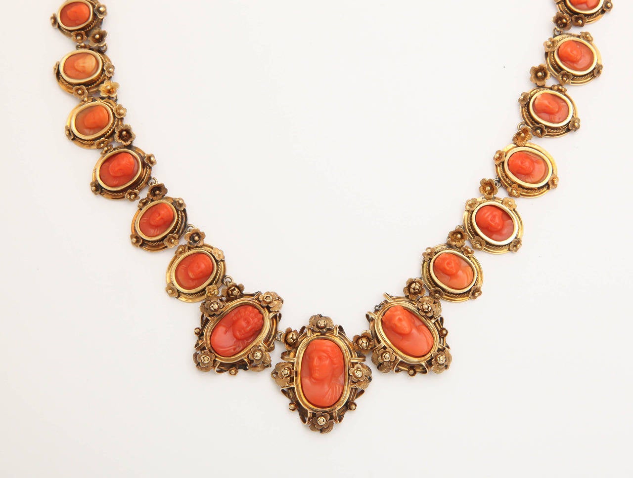 1870s Carved 18k Coral Gold Link Necklace, Torre del Greco, Italy For ...