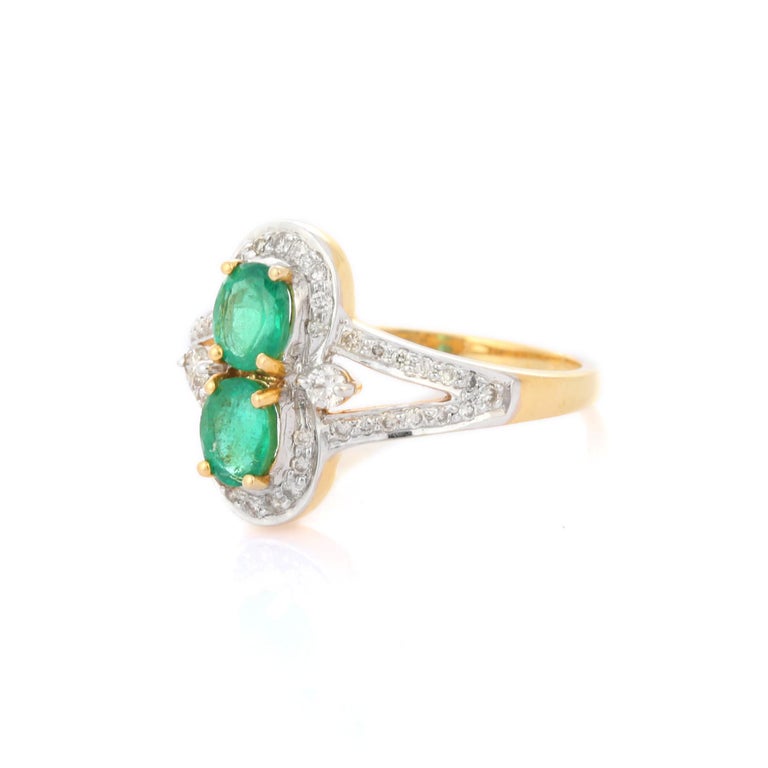 Customizable Magnificent Two Emerald Wedding Ring with Halo Diamonds in ...