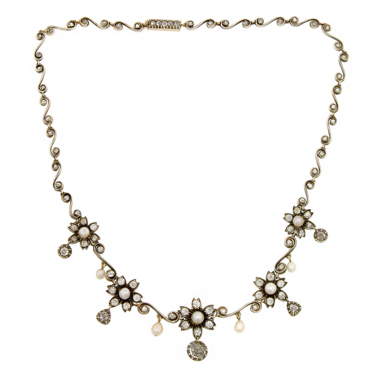 Antique Natural Pearl Diamond Gold Necklace at 1stDibs