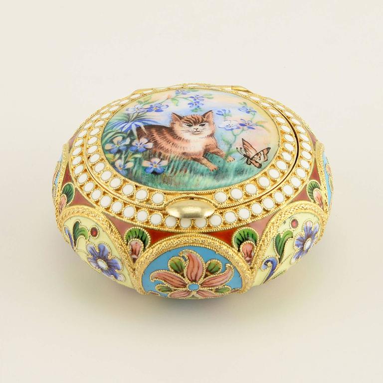 Russian Shaded and Pictorial Enamel Pill or Pastille Box with a Cat For ...