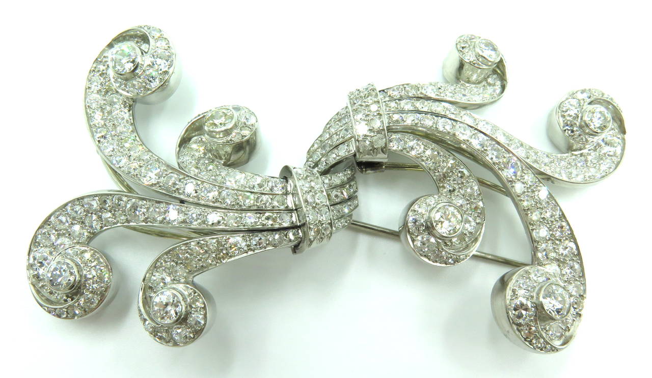 Stunning Retro Diamond Platinum Double Dress Clips Pin For Sale at 1stdibs