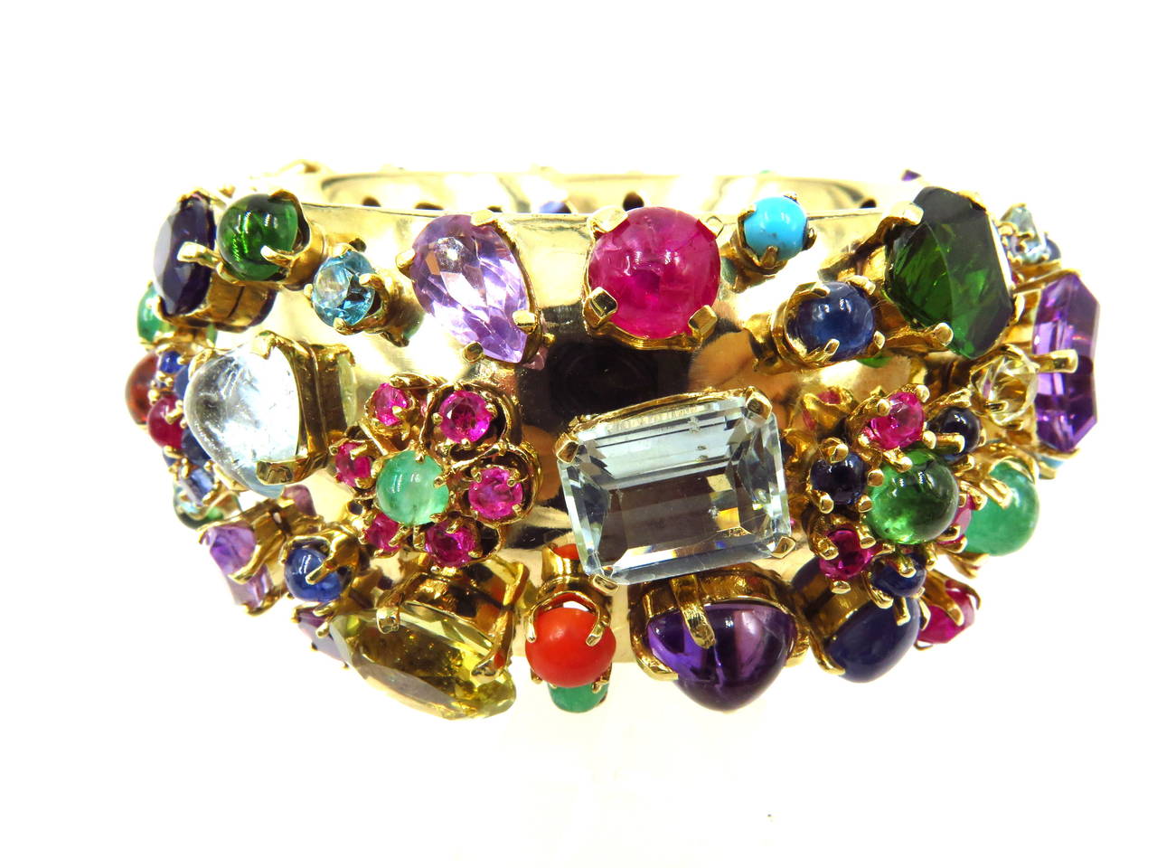 Exquisite Retro Multi Gem Hinged Gold Bangle Bracelet at 1stDibs