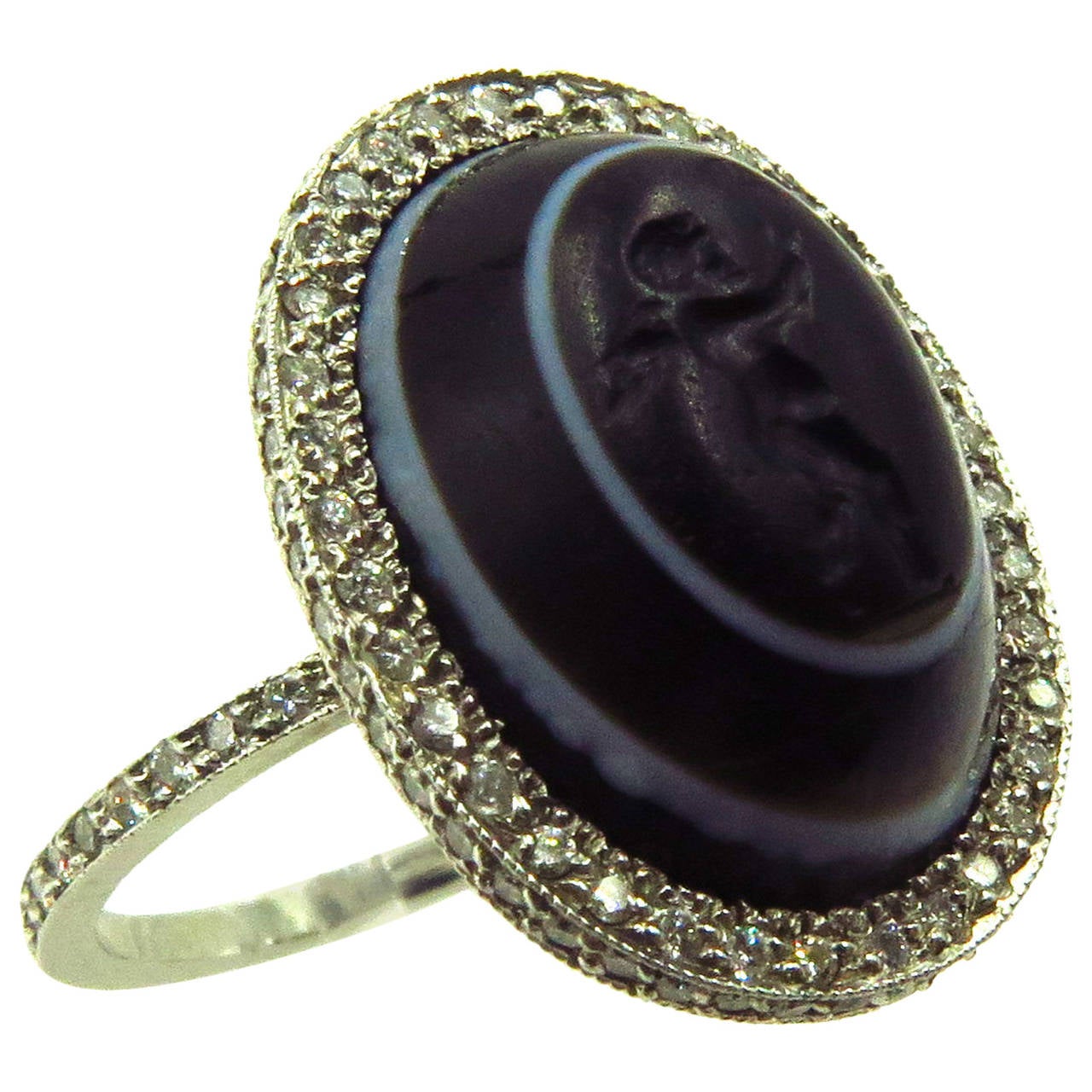 Carved Banded Agate Diamond Platinum Angel Cherub Signet Ring For Sale ...