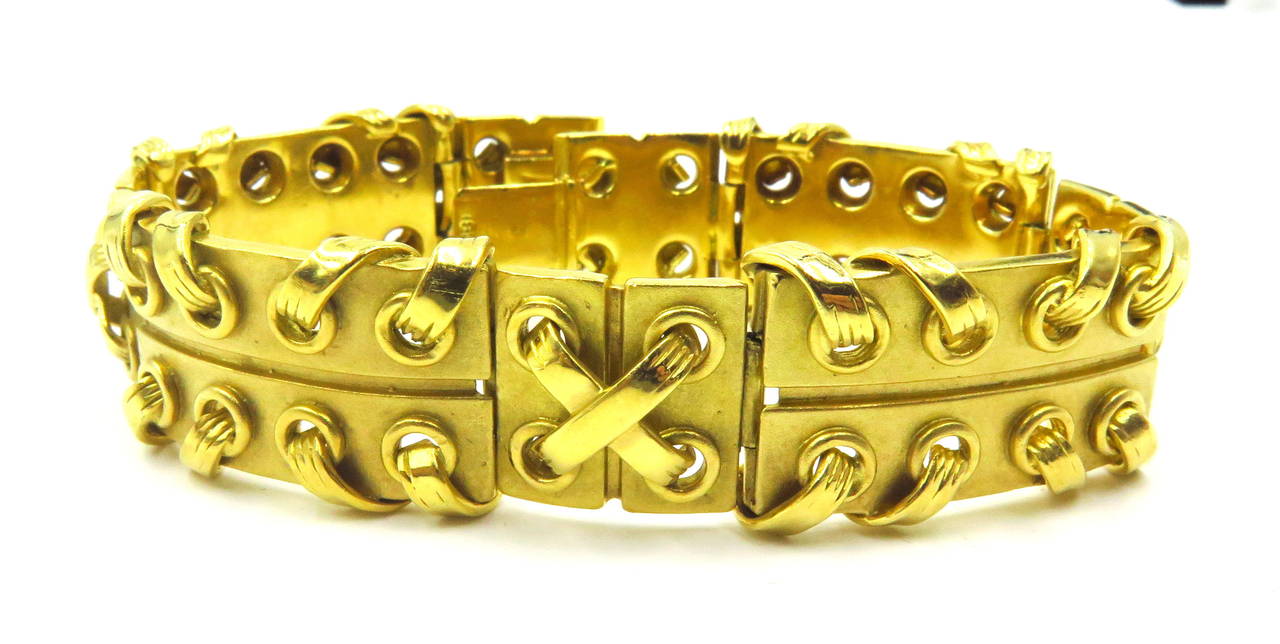 Fabulous Heavy Unique Large Stitched Motif Gold Link Bracelet at 1stDibs