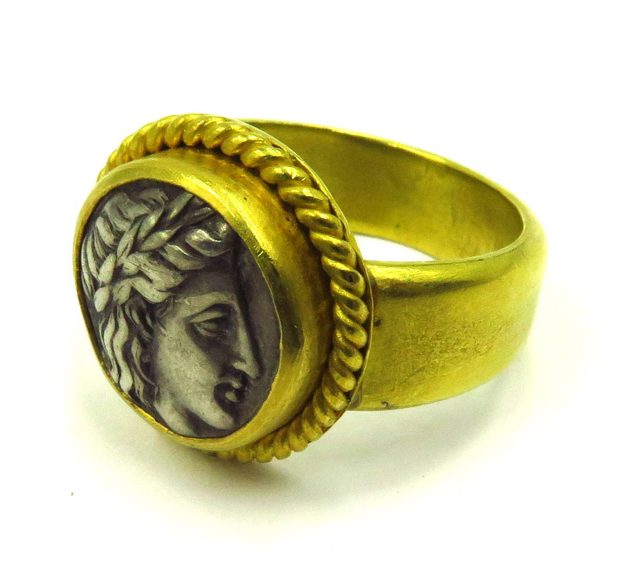Dramatic Ancient Greek Coin 22kt gold Braided Bezel Ring at 1stDibs