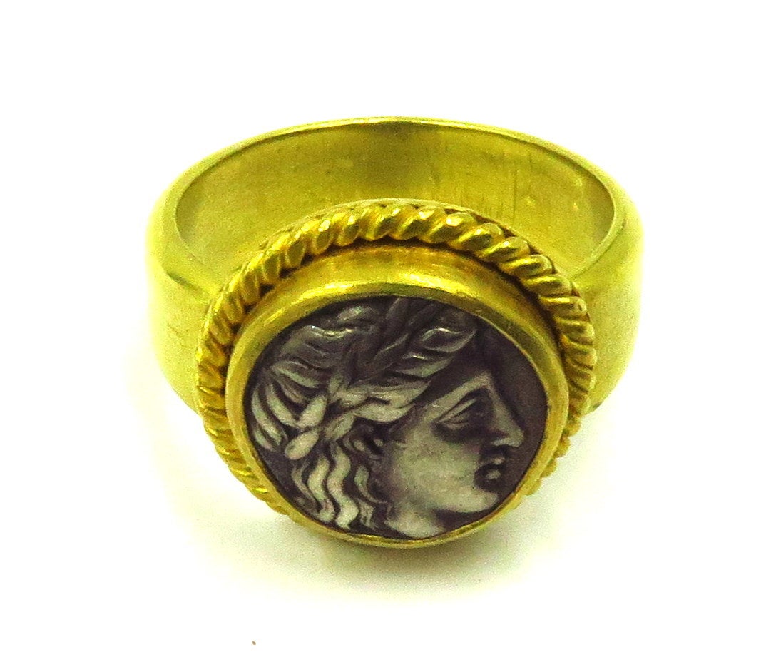 Dramatic Ancient Greek Coin 22kt gold Braided Bezel Ring at 1stDibs