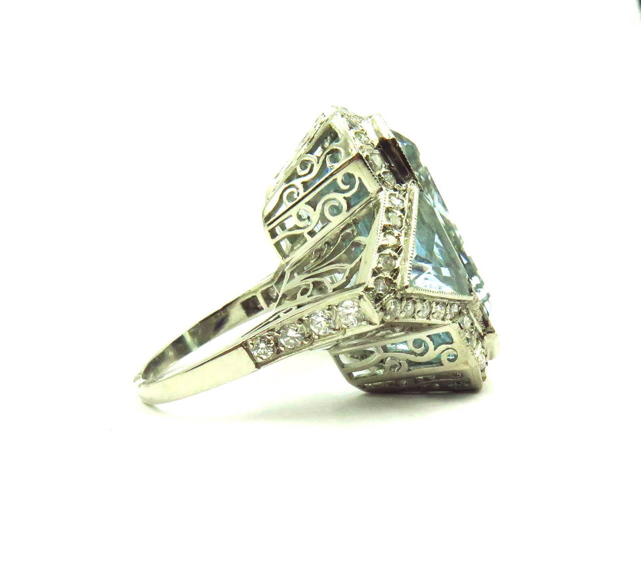 Magnificent Large Aquamarine Diamond Platinum Three Stone Cocktail Ring ...