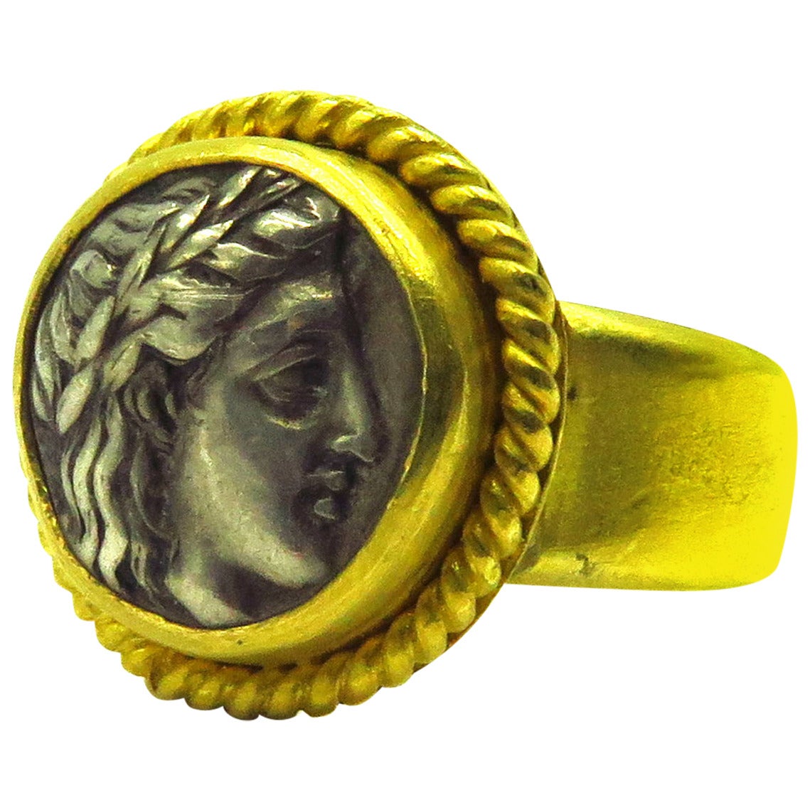 Dramatic Ancient Greek Coin 22kt gold Braided Bezel Ring at 1stDibs