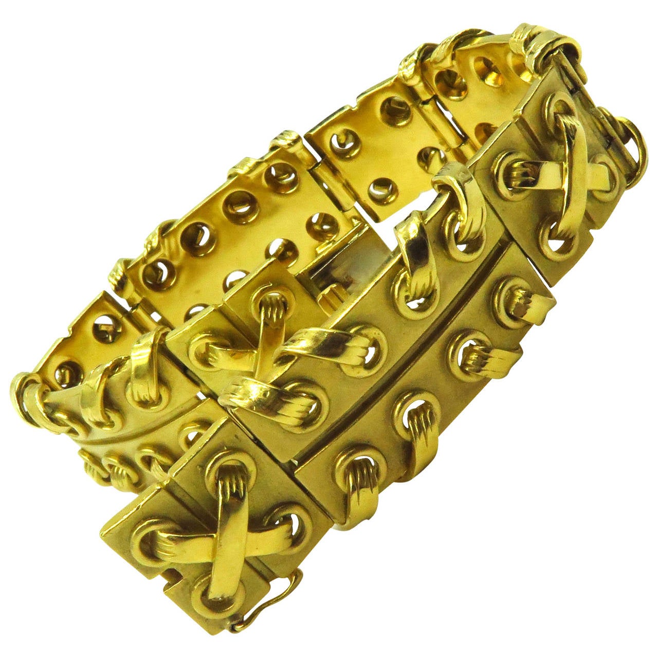 Fabulous Heavy Unique Large Stitched Motif Gold Link Bracelet at 1stDibs