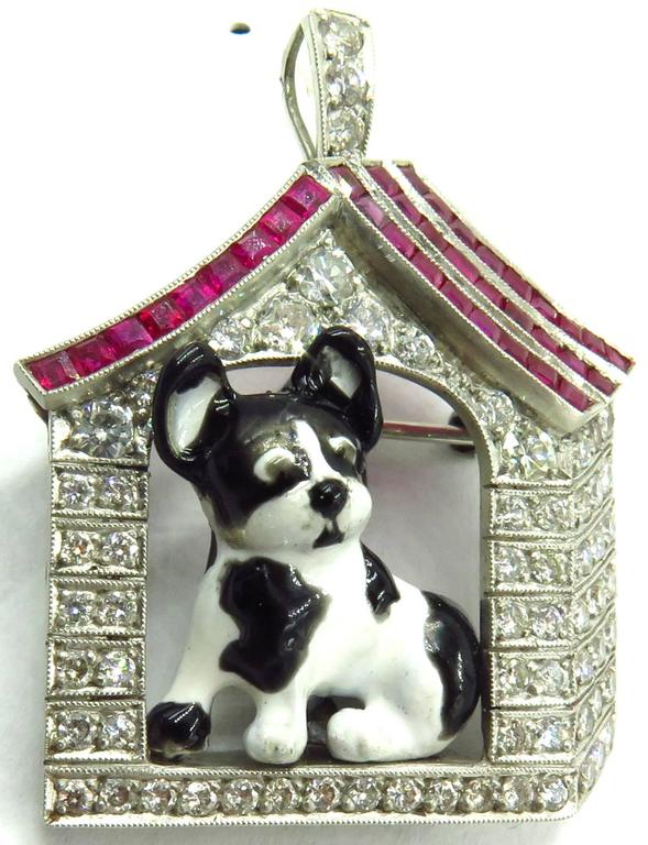 Enamel Ruby Diamond Platinum French Bulldog Pin Pendant w/Retractable ...