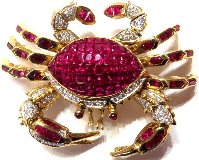 Movable Invisibly Set Ruby Diamond Gold Crab Pin Pendant at 1stDibs ...