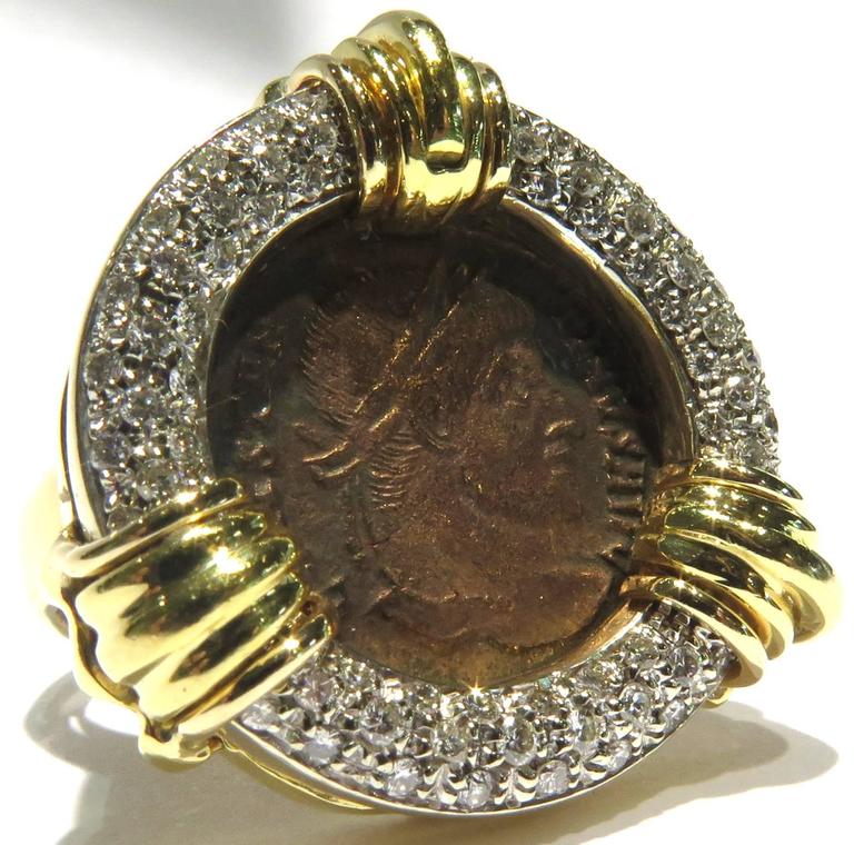 Incredible Pave Diamond Bezel Ancient Bronze Gold Coin Ring at 1stDibs ...