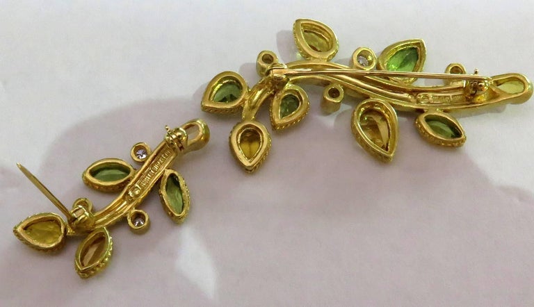 Pair of Judith Ripka Yellow Beryl Peridot Diamond Gold Branch Pins For ...