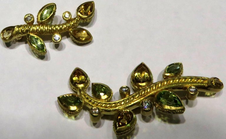 Pair of Judith Ripka Yellow Beryl Peridot Diamond Gold Branch Pins For ...