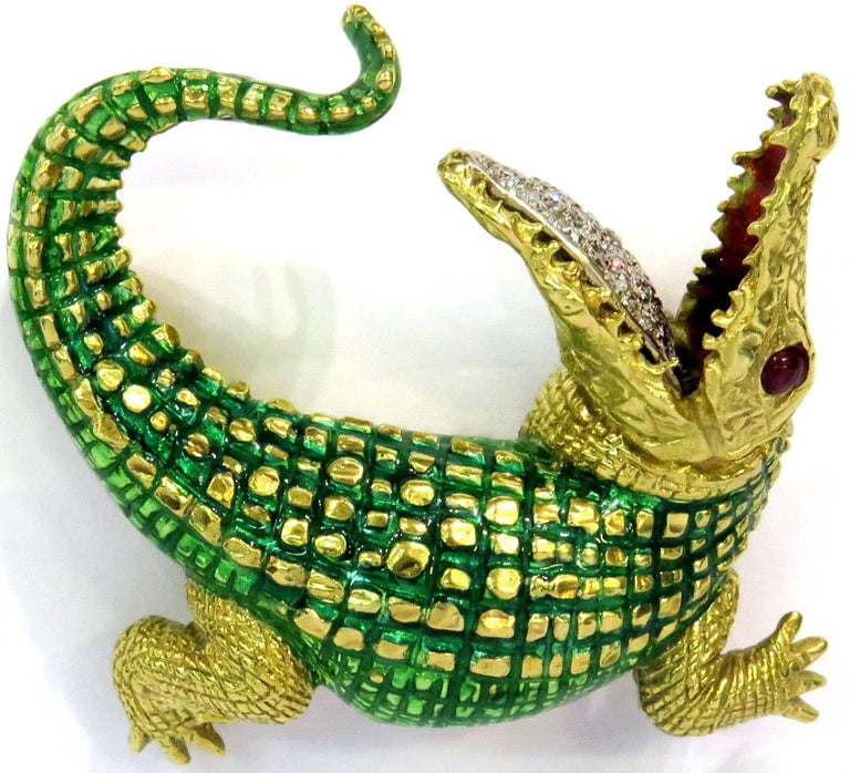 Incredibly Detailed Diamond Ruby Enamel Gold Alligator Pin at 1stDibs