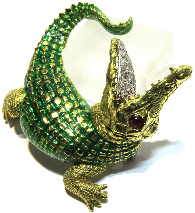 Incredibly Detailed Diamond Ruby Enamel Gold Alligator Pin at 1stDibs