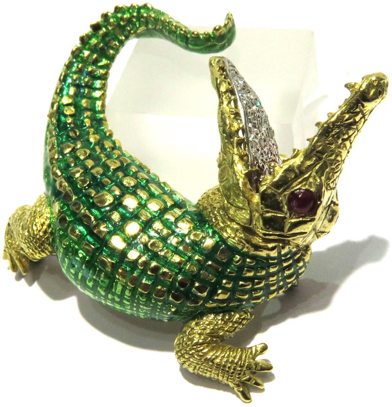 Incredibly Detailed Diamond Ruby Enamel Gold Alligator Pin at 1stDibs