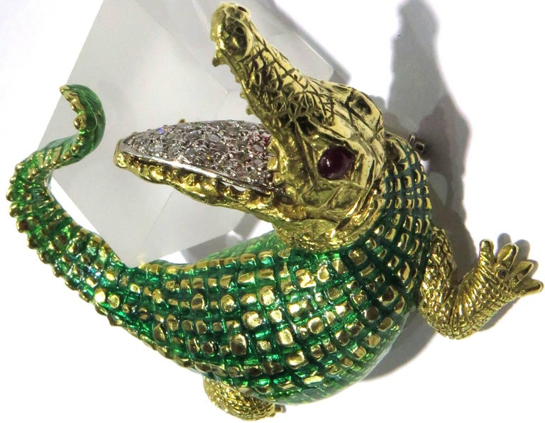 Incredibly Detailed Diamond Ruby Enamel Gold Alligator Pin at 1stDibs