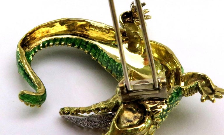 Incredibly Detailed Diamond Ruby Enamel Gold Alligator Pin at 1stDibs