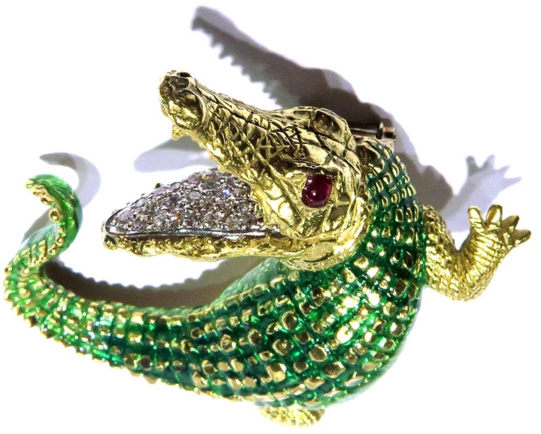 Incredibly Detailed Diamond Ruby Enamel Gold Alligator Pin at 1stDibs
